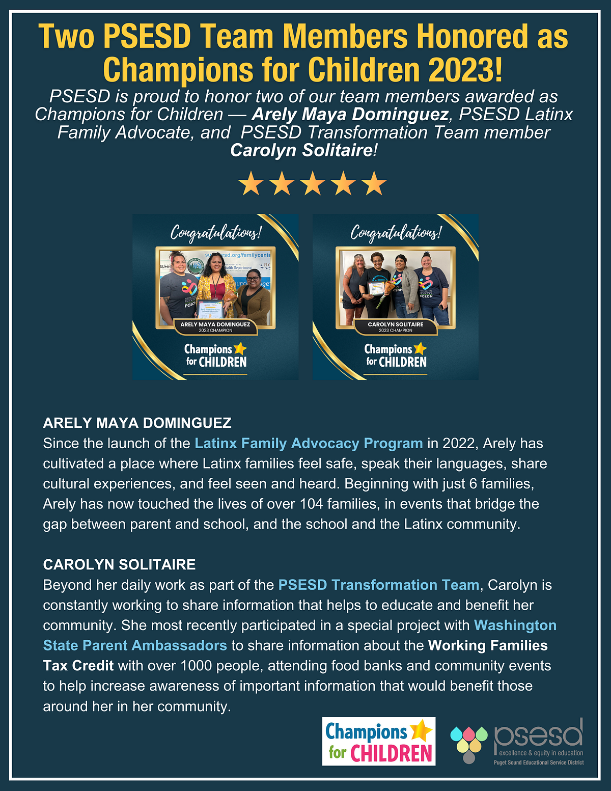 Two PSESD Staff Members Honored as Champions for Children! | by Puget ...