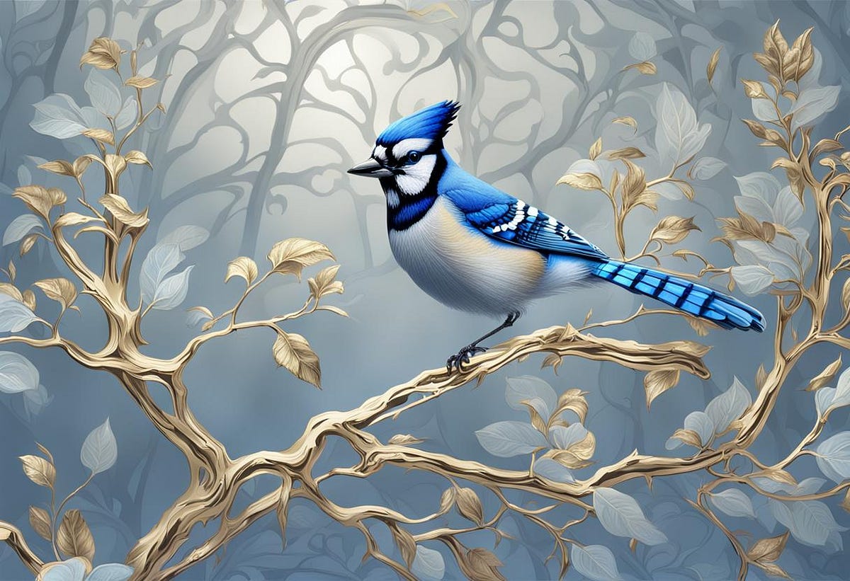 Harmonious Melody: The Blue Jay’s Embrace - Rainbow Salad - Medium