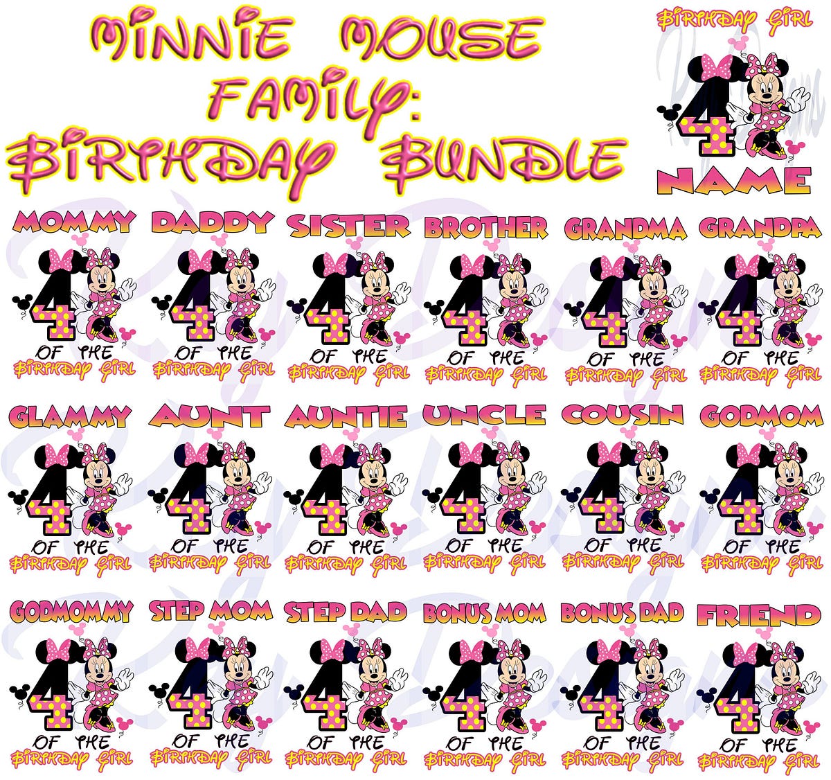 Disney Minnie Mouse 4th birthday pink design family bundle #4 — DIGITAL ...