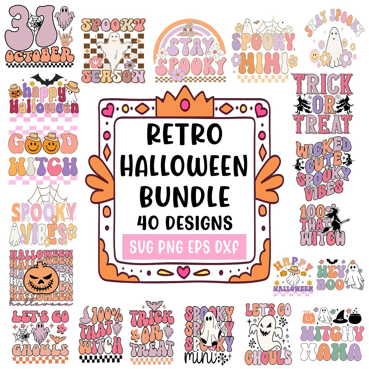 Retro Halloween Bundle SVG, Halloween Vector, Witch svg, Ghost svg ...