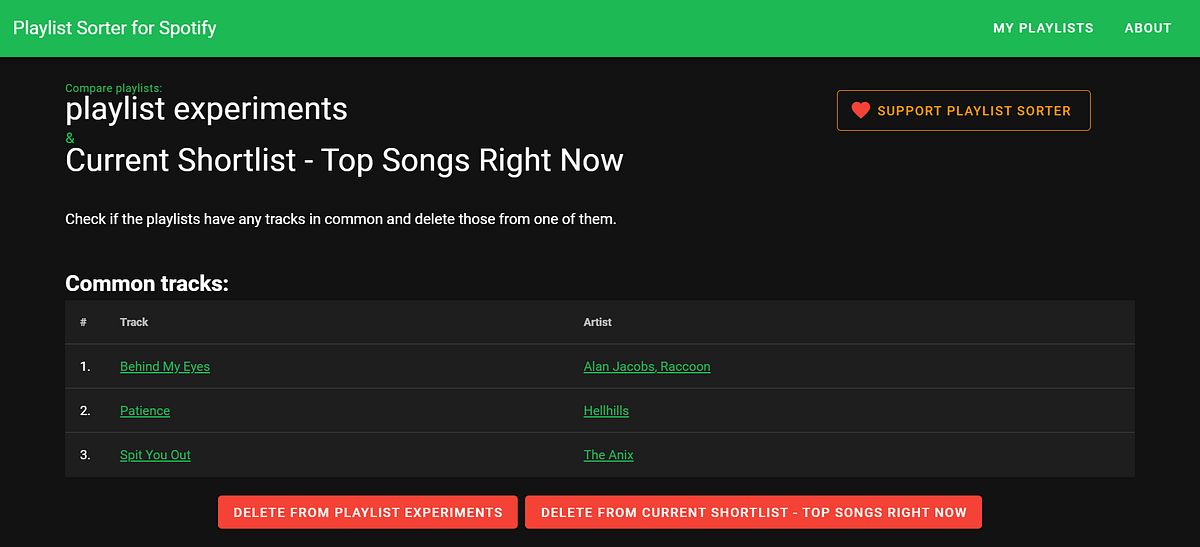 Comparing Spotify Playlists in Playlist Sorter - diaries