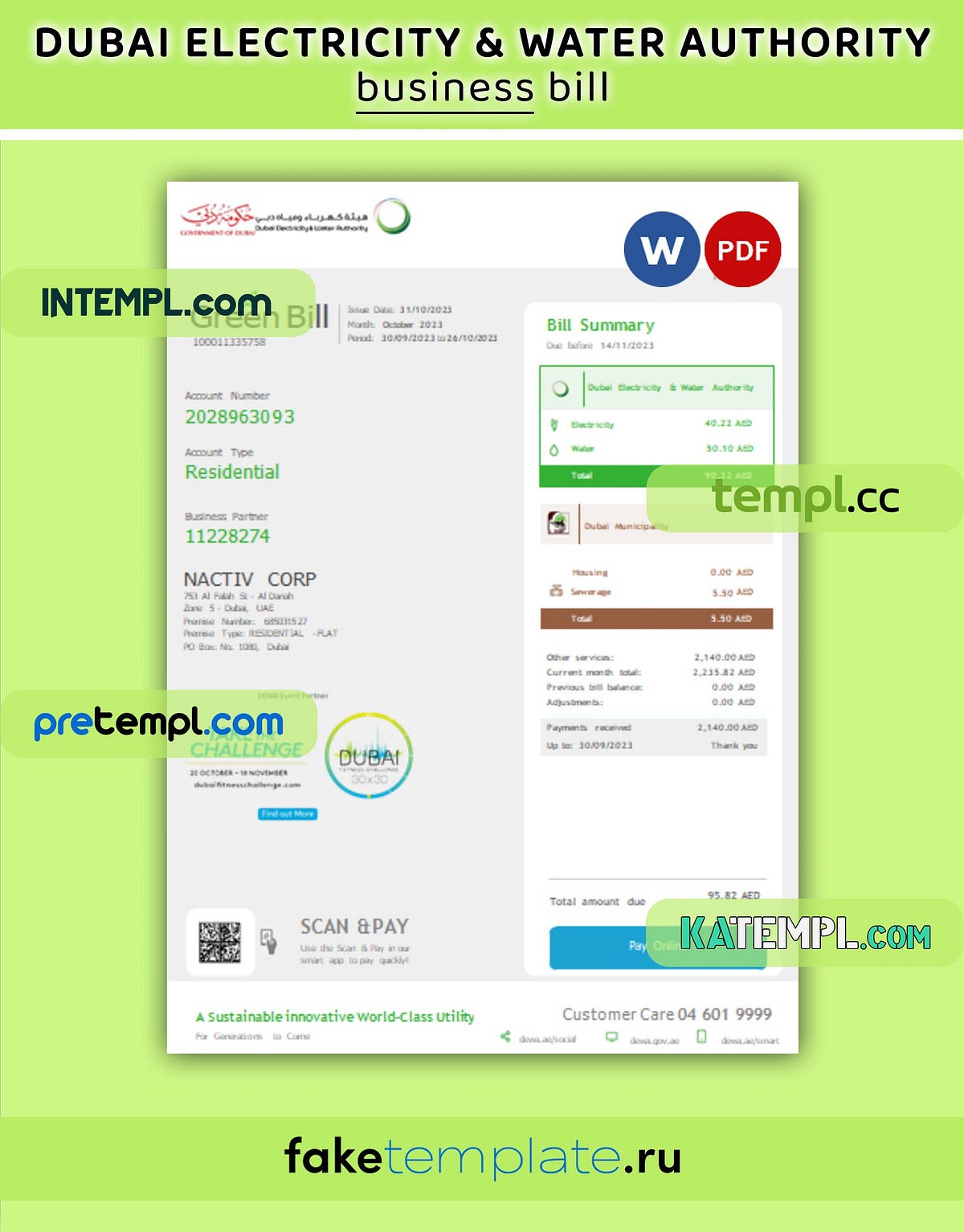 Dubai Electricity & Water Authority business utility bill, Word and PDF ...