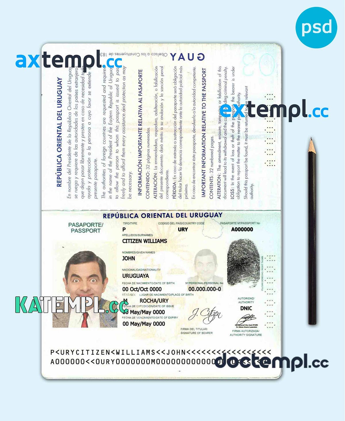 sample Uruguay passport template in PSD format, fully editable, with ...