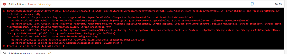 In process hosting is not supported for AspNetCoreModule erro in Azure Pipeline .netcore 3.1 ...