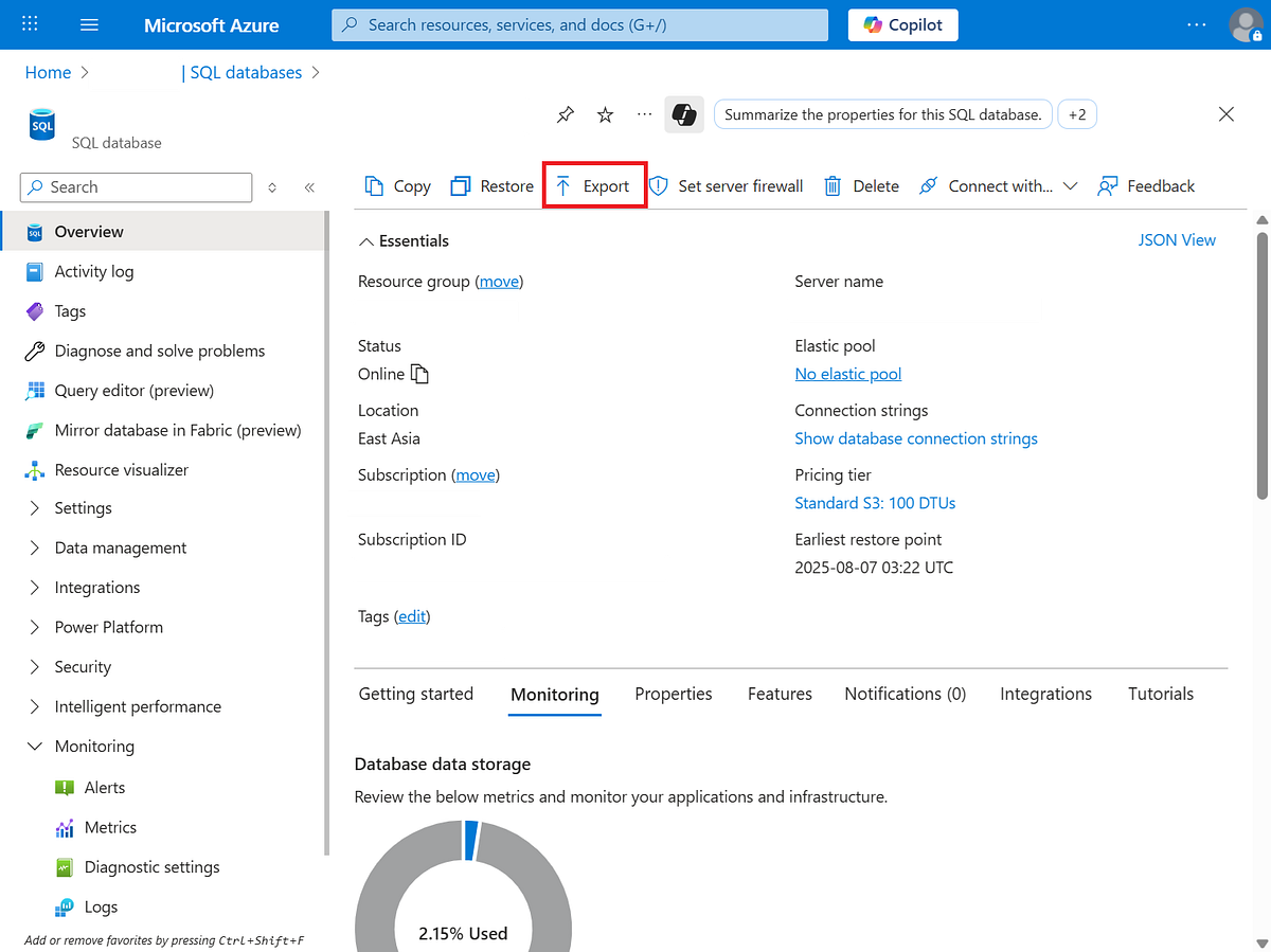 如何在 Azure SQL Database 進行 Export & Import 資料庫 | by Ivan Cheng | Aug, 2025 | Medium