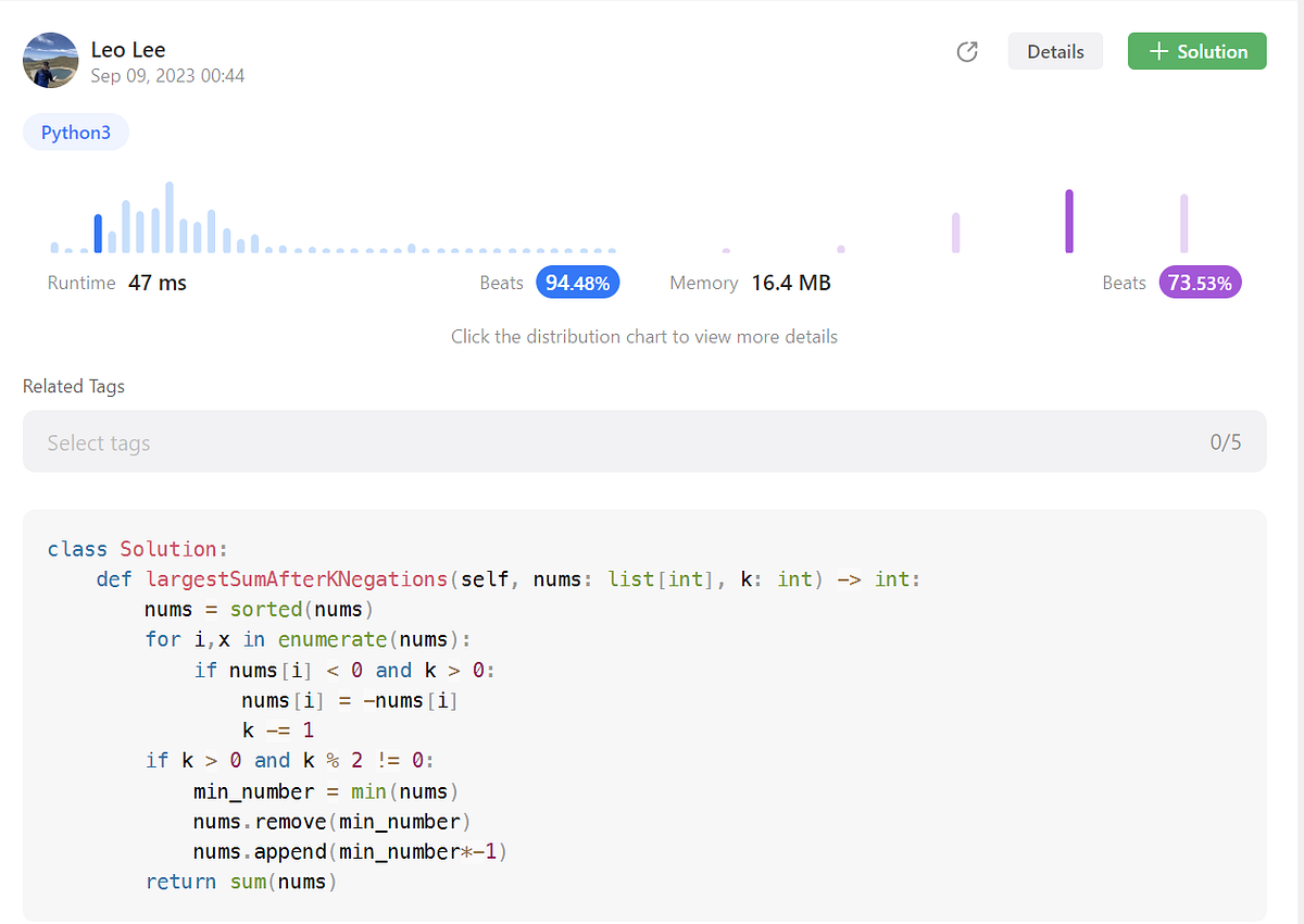leecode ex46. 1005. Maximize Sum Of Array After K… | by leoBlackTea | Sep, 2023 | Medium