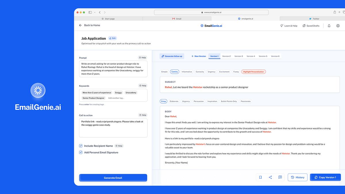Enhancing the Experience of Prompt-Generated Emails via AI-Powered Email Genie: UI/UX Case Study ...