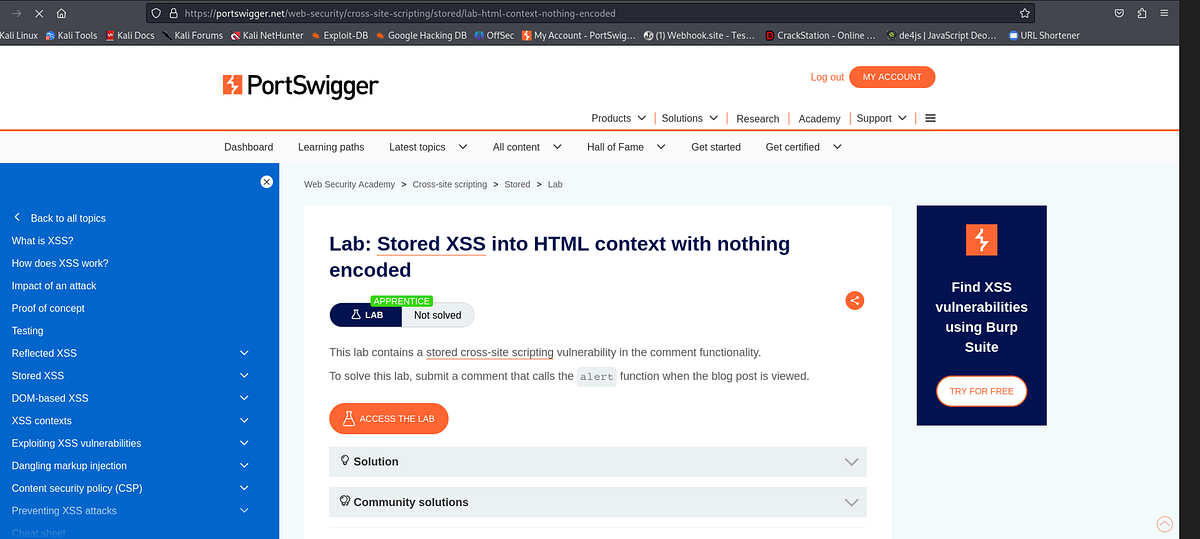 Write-ups-Lab_ Stored XSS into HTML context with nothing encoded-[APPRENTICE] | by Bhumividh T ...
