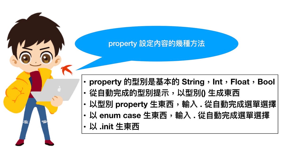 Swift 生東西的幾種方法 開發 Swift Ios App 時，我們時常設定 Property By 彼得潘的 Ios App Neverland 彼得潘的 Swift Ios