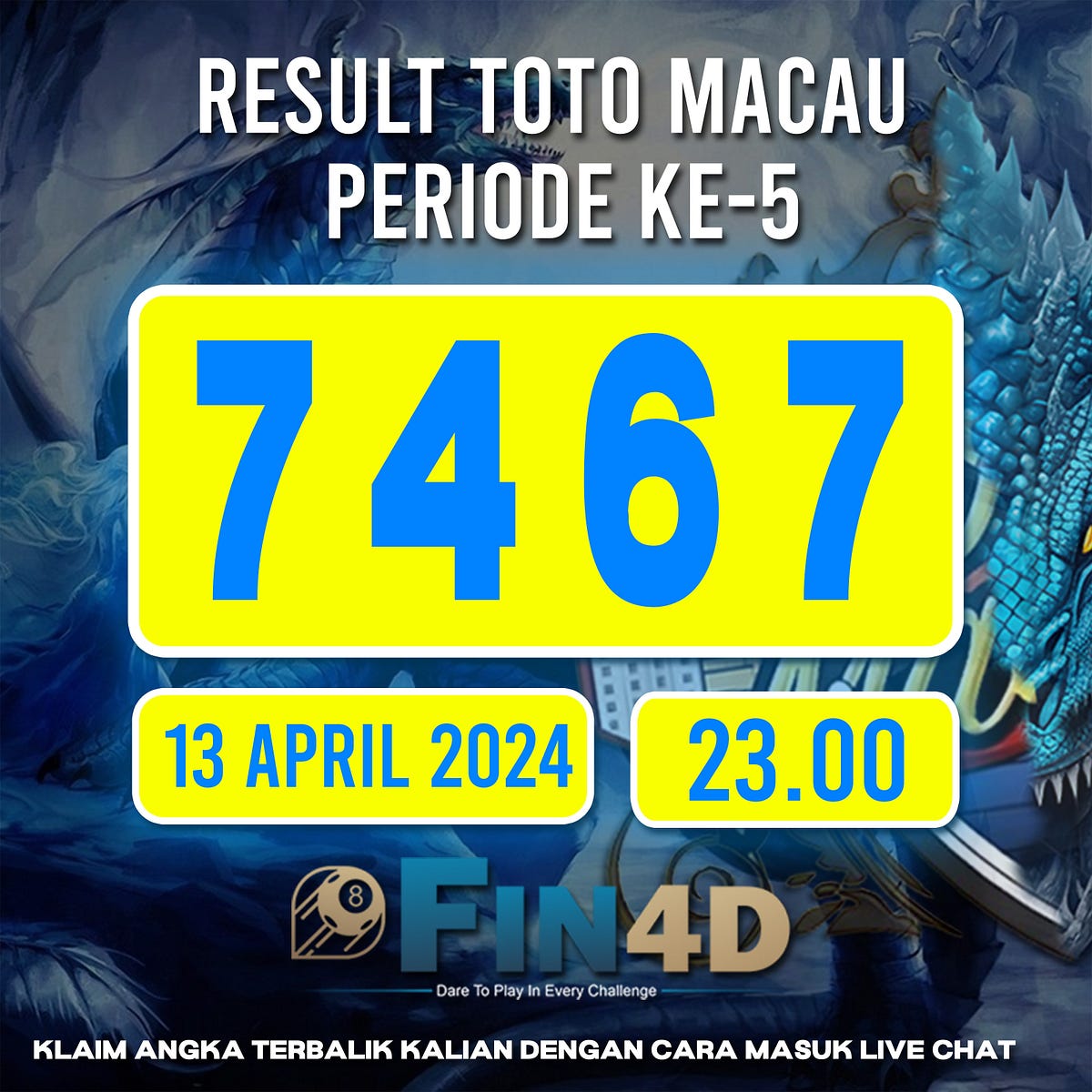TOTO MACAU 4D PERIODE 5 TANGGAL : 13 APRIL 2024 SAH DI ANGKA 7 4 6 7 data macau, keluaran macau ...