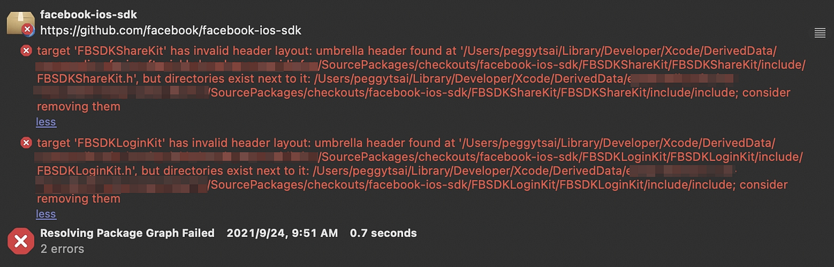 FB SDK show“target ‘FBSDKShareKit’ has invalid header layout: umbrella header found at…” error ...