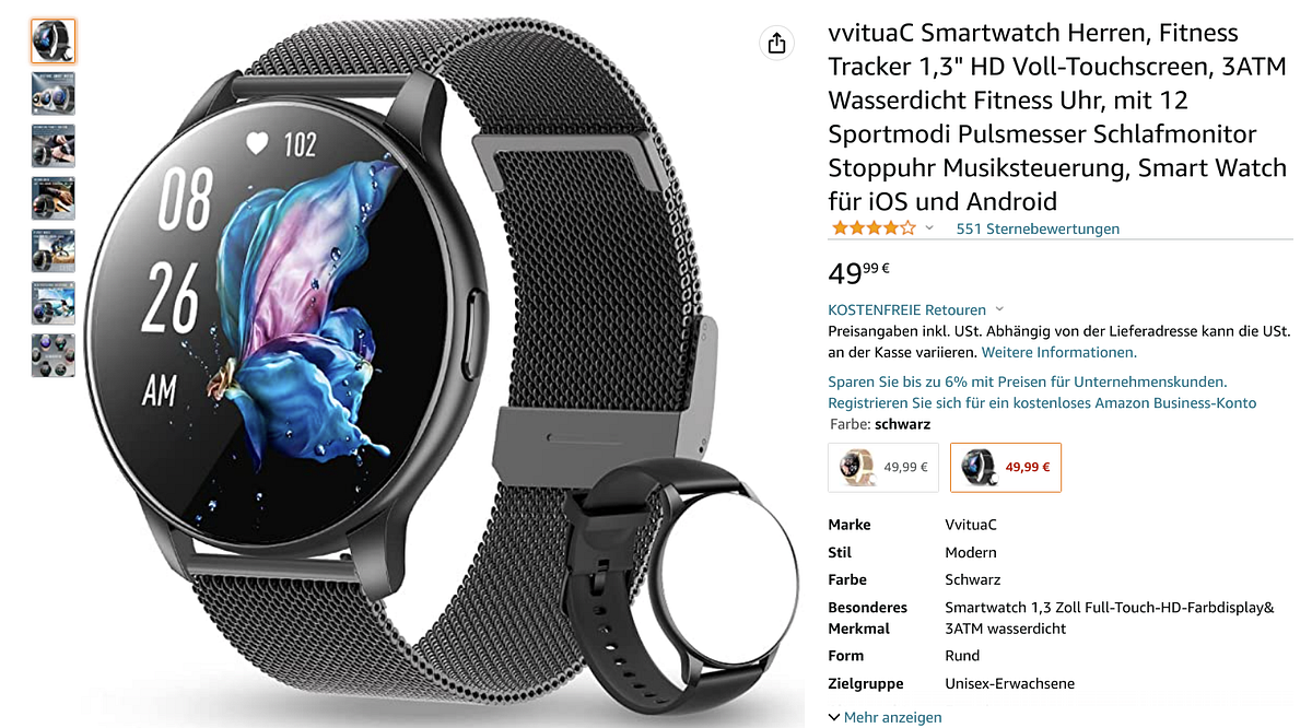 vvituaC Smartwatch Herren, Fitness Tracker 1,3" HD Voll-Touchscreen ...