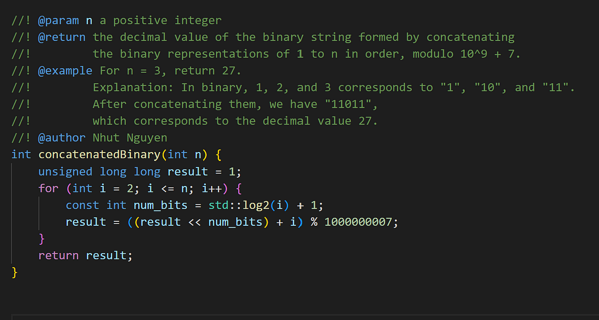 C Solution To Leetcode 1680 Concatenation Of Consecutive Binary Numbers Leetsolve 2352