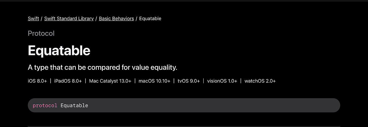 [Swift] Equatable. Equatable의 개념, Equatable을 준수하는 방법, 주의점을… | by Miya | Aug, 2024 | Medium