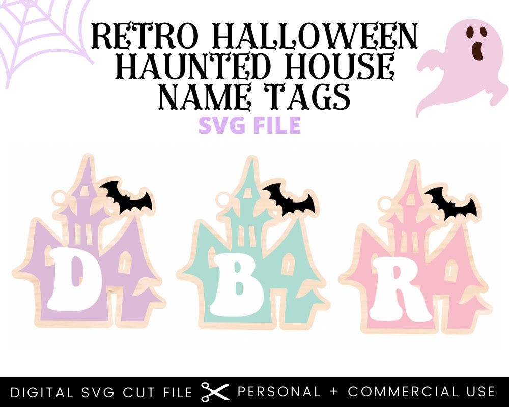 Halloween Haunted House Name Tag Retro Laser Cut Glowforge File ...
