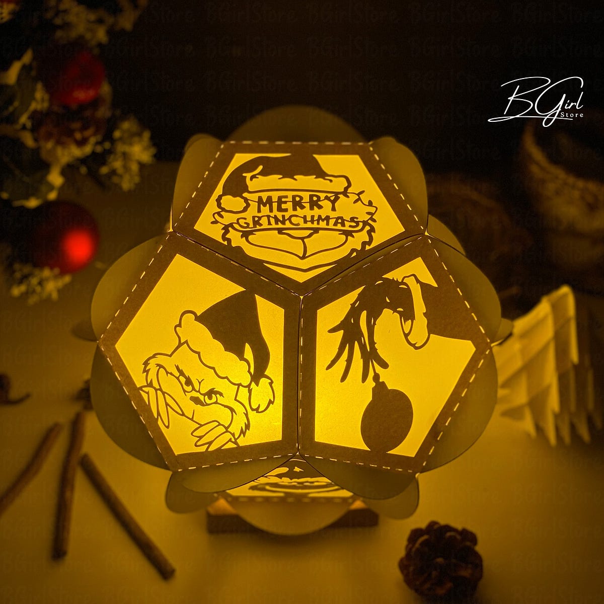 Christmas paper cut pentagon lantern light box template, 3D lantern ...