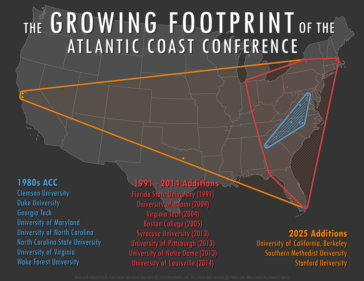 Mapping the expansion of the Atlantic Coast Conference | by Ed in Space | Medium
