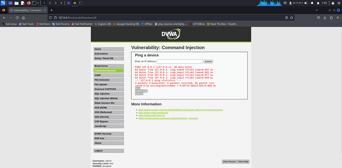 Dvwa Command Injection First Open Dvwa By Running Docker “docker Run It P 80 80 Vulnerables