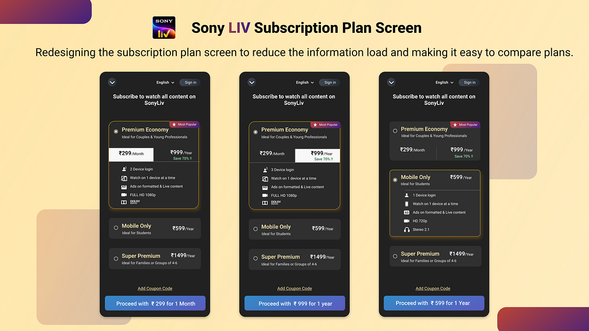 SonyLIV Subscriber Page Redesign Sony Liv App Plan Screen: Redesigning ...