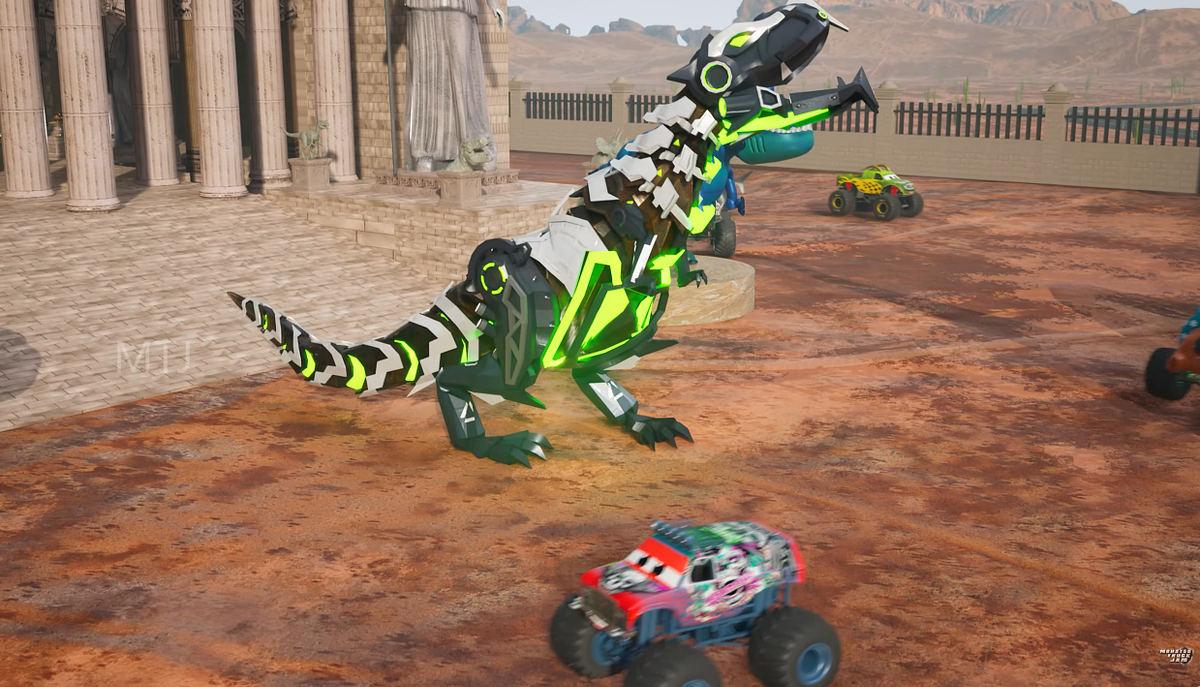 Mecha T-Rex vs. Monster Trucks: Heroic Rescue by Monster Police Trucks ...