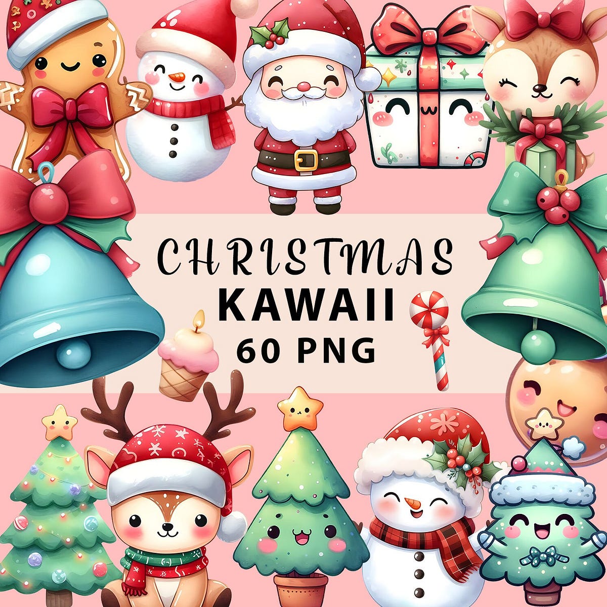 Christmas Kawaii Clipart | 60 Cute Chirstmas Kawaii Graphics | PNG ...