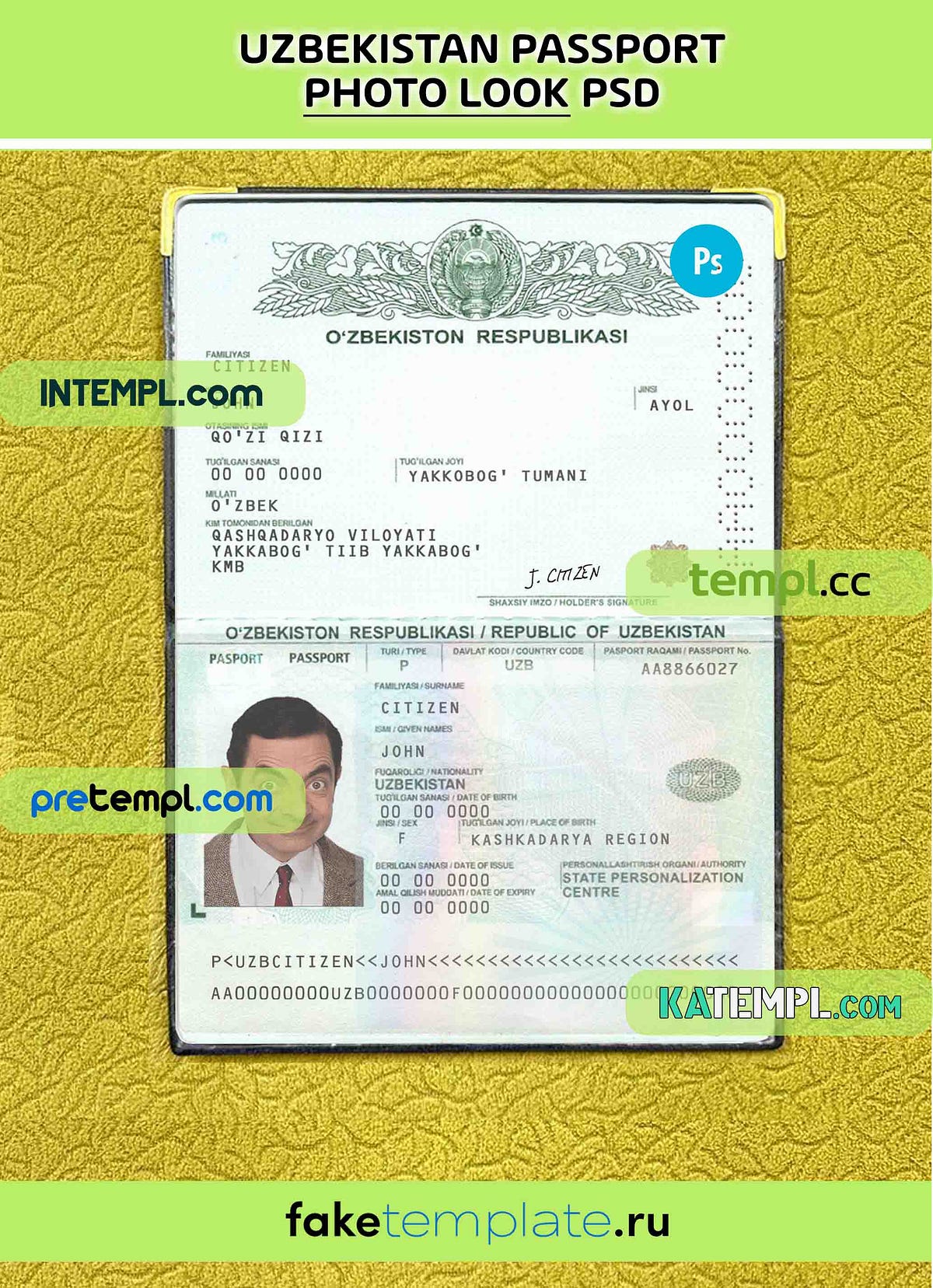 Uzbekistan passport psd files, editable scan and snapshot sample, 2 in ...
