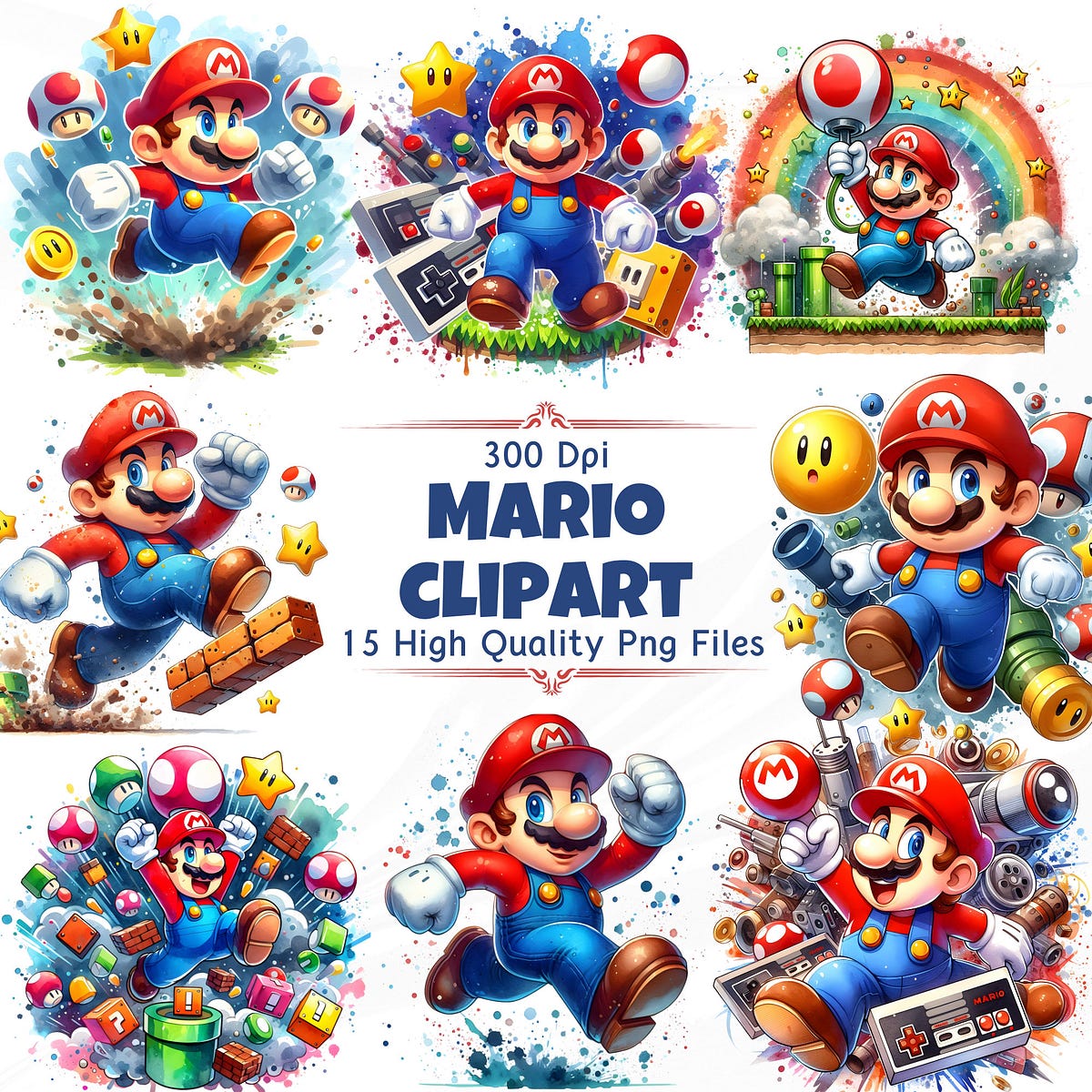 Watercolor Mario Clipart Set — 300 DPI, High-Resolution, Transparent ...