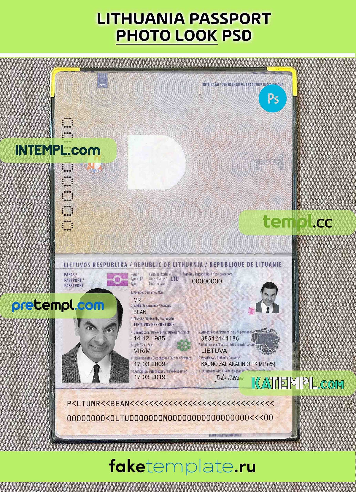 Lithuania passport PSD download scan and photo look templates, 2 in 1 ...