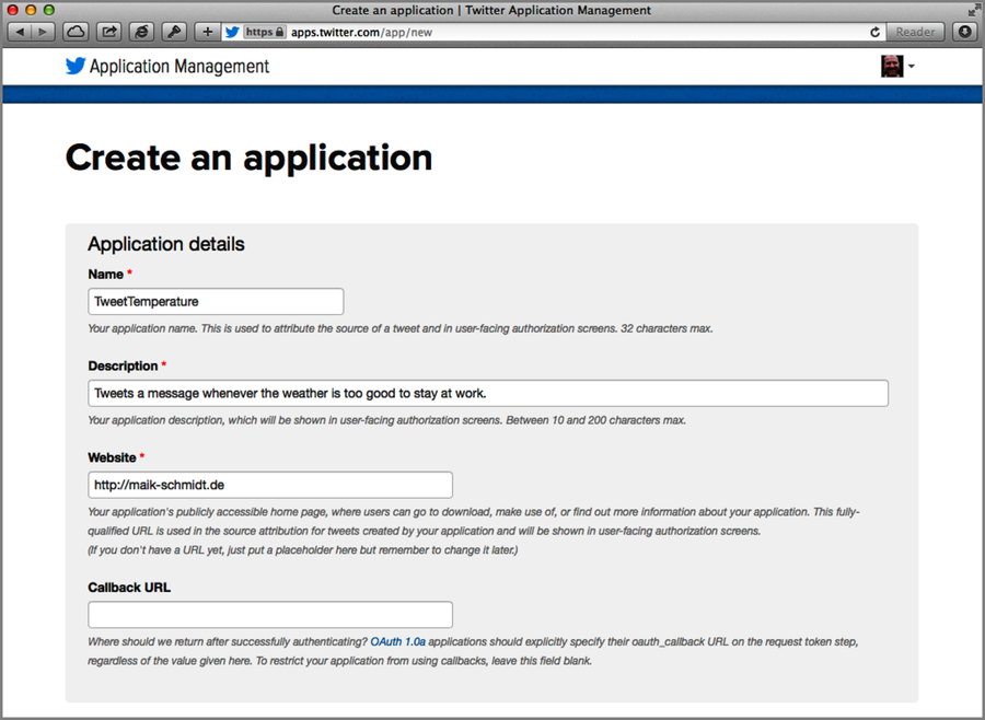 Registering an Application with Twitter | Arduino: A Quick-Start Guide, Second Edition by Maik ...