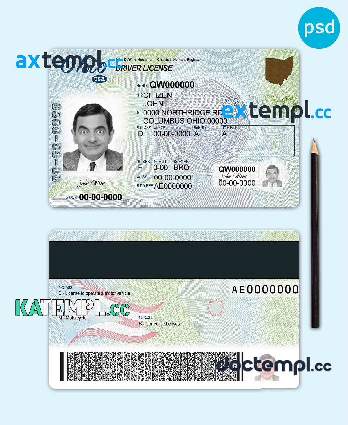 sample USA Ohio state driving license template in PSD format download ...