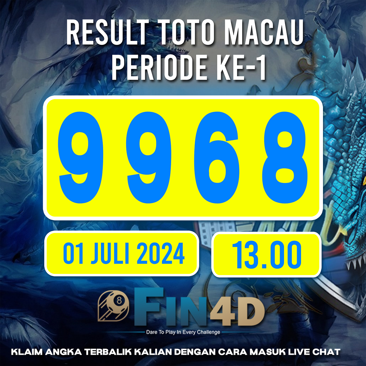 TOTO MACAU 4D PERIODE 1 TANGGAL : 05 JULI 2024 SAH DI ANGKA 9 9 6 8 data macau, keluaran macau ...