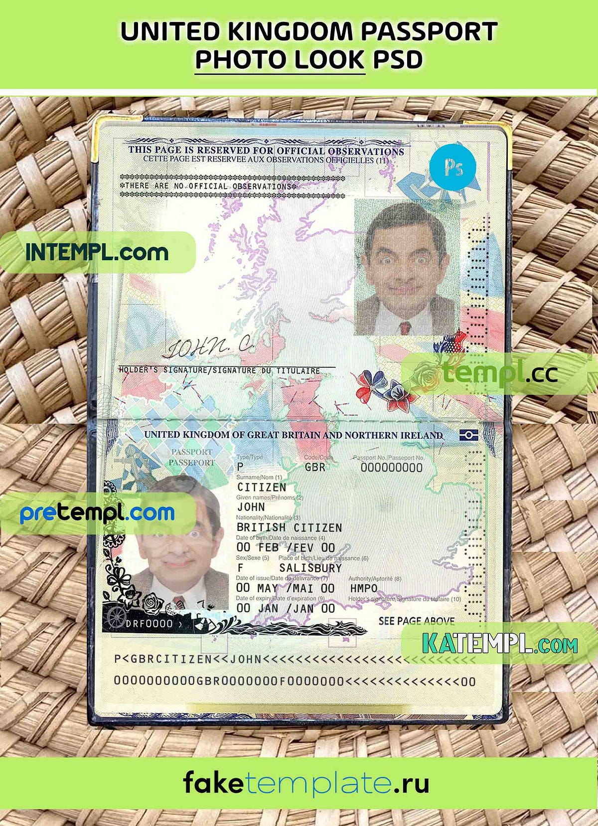 United Kingdom of Great Britain passport editable PSD files, scan and ...