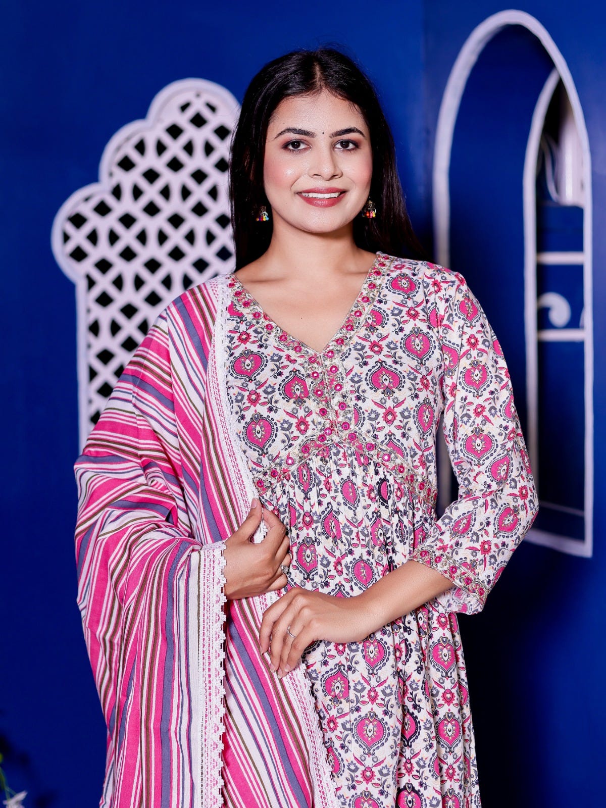 Jahida Premium Pink Printed Cotton Alia Cut Kurta Pent With Dupatta Set ...