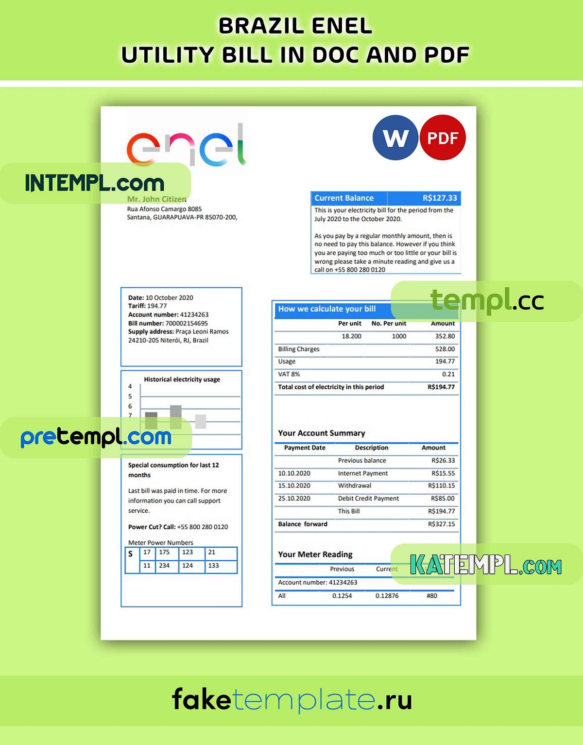Brazilian ENEL electricity utility bill download example in Word and PDF format | by Shotempl ...