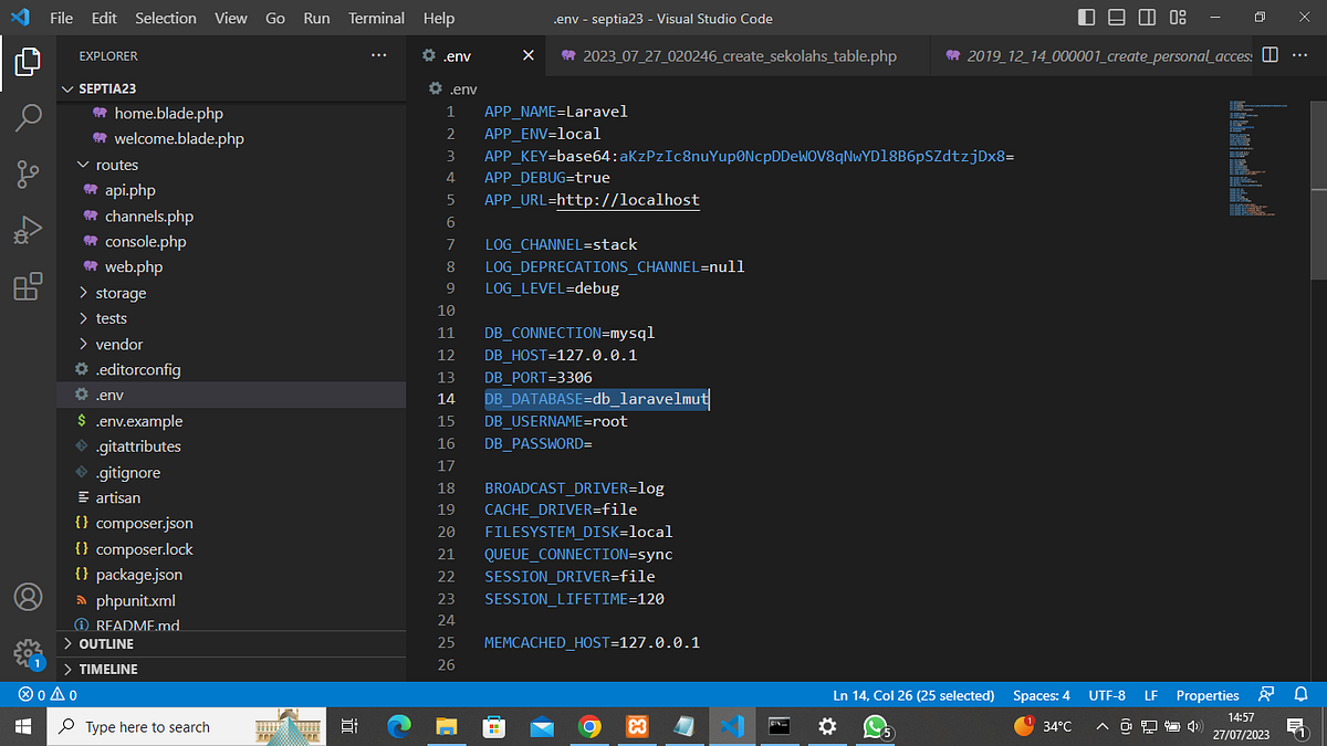 LARAVEL 1.Buka file .env di vscode 2.Cek nama database, ganti nama database 3.Jangan lupa ...
