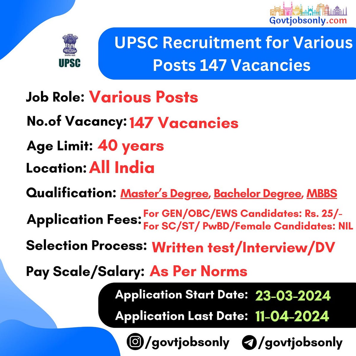 Upsc Recruitment 2024 Apply For 147 Various Vacancies Govt Jobs Only