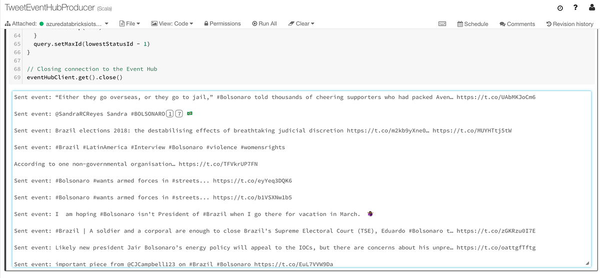 Getting tweets with keyword “Bolsonaro” and sending them to the Event ...