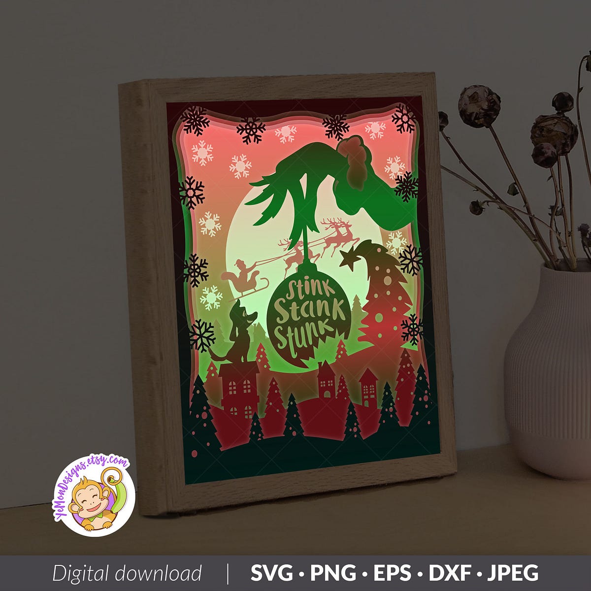Christmas 3D Shadow box Template, Funny Noel Holiday Paper Cut Light ...