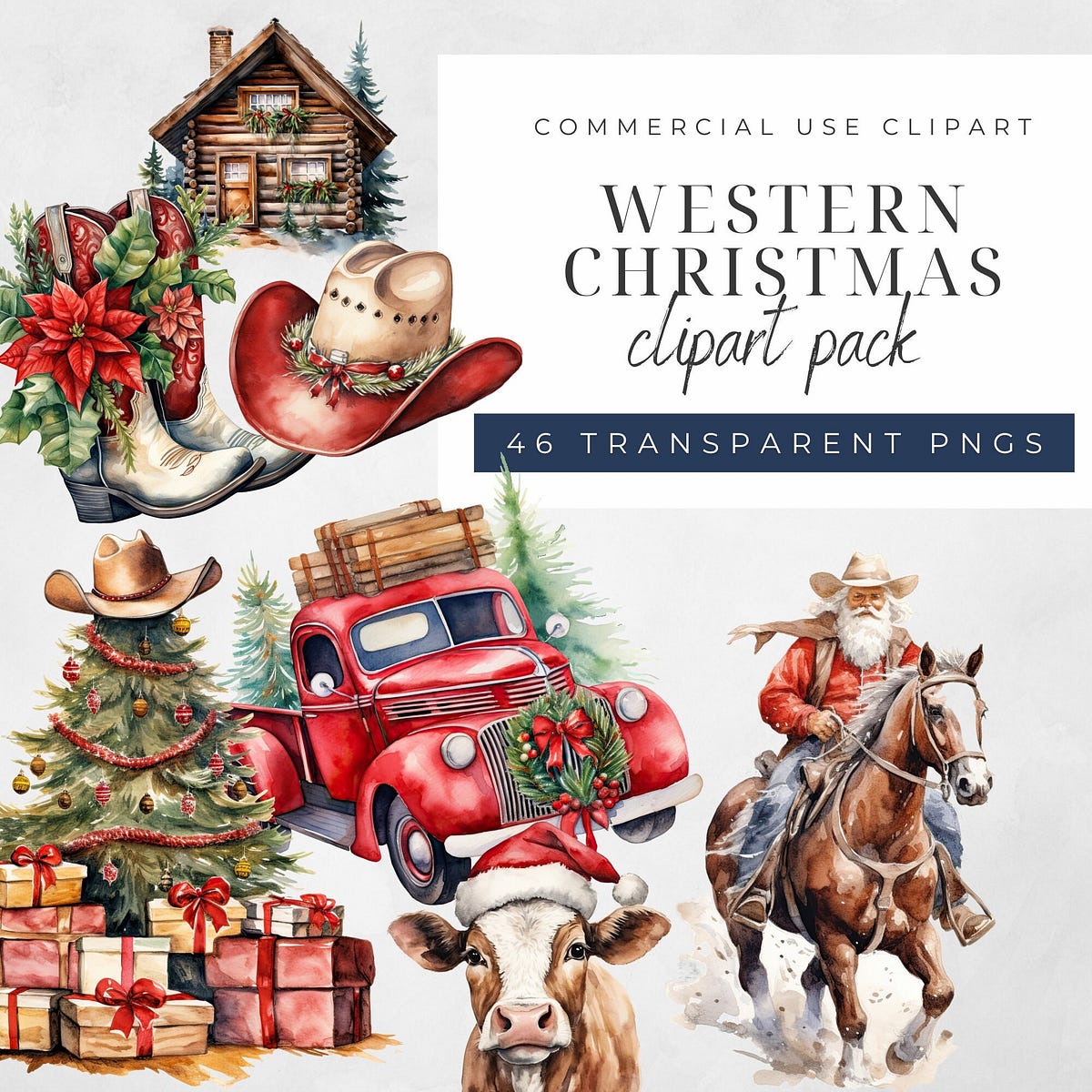 Watercolor Western Christmas Clipart Pack -Western Santa- Cowboy Santa ...