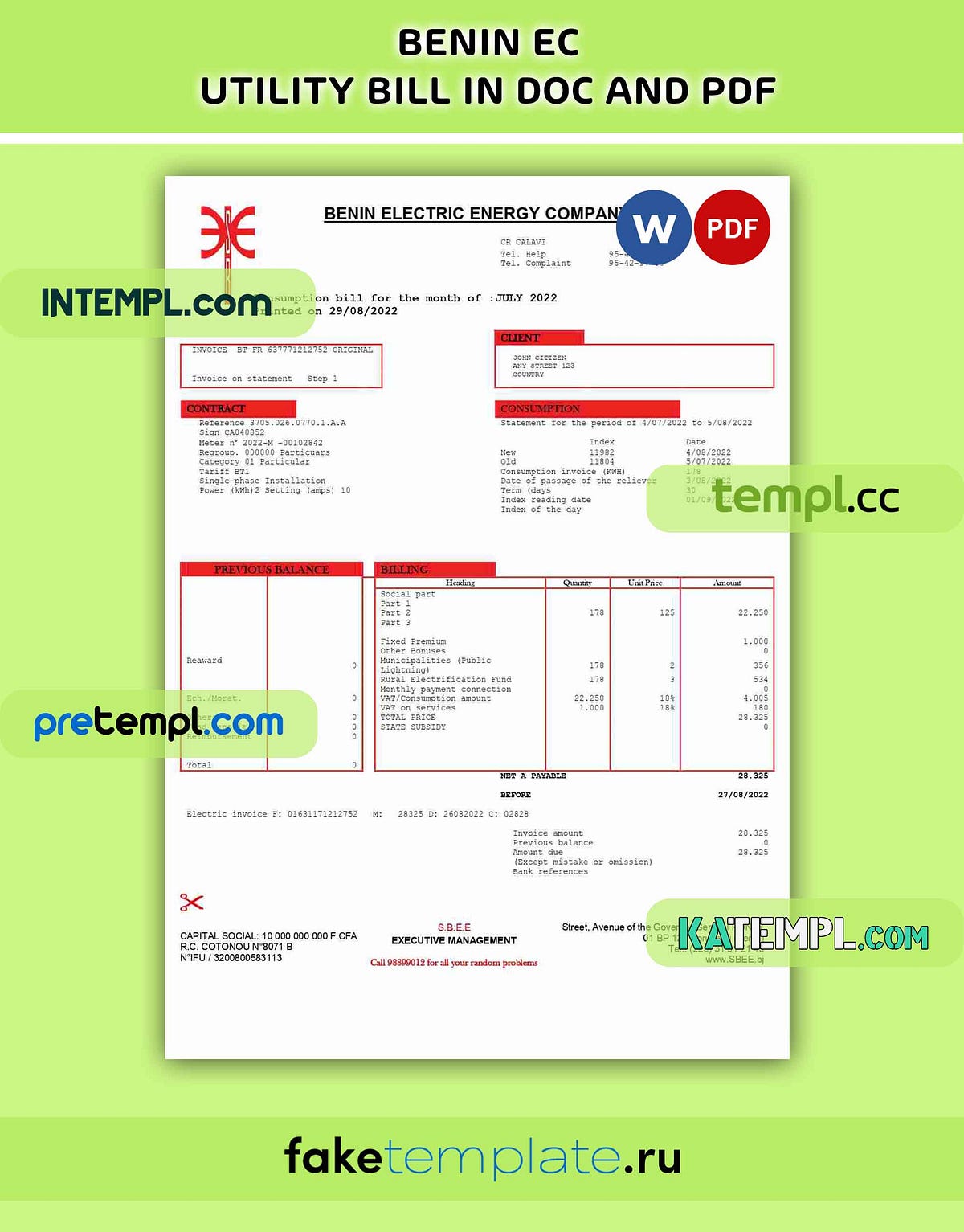Beninois Electric Company Word and PDF utility bill download example | by Mytempl | Apr, 2024 ...