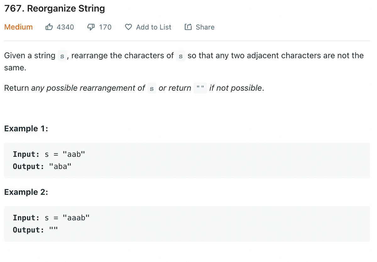 leetcode 767. Reorganize String - smddddddddddd - Medium