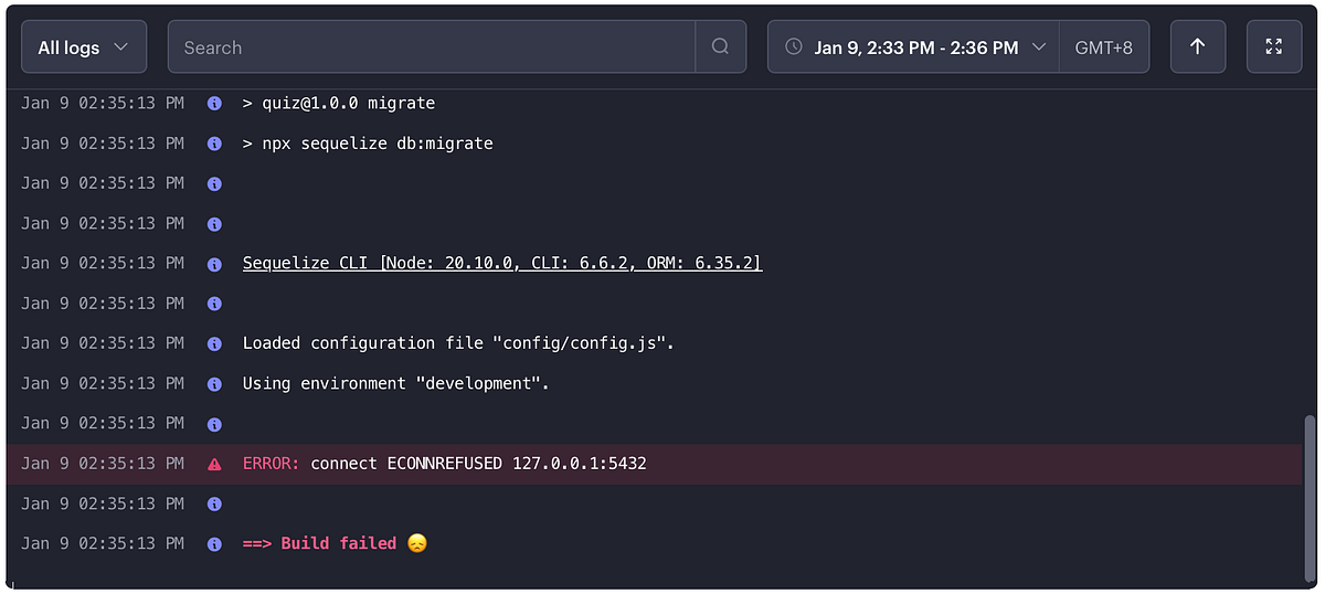 Render部署發生的錯誤 — Build Fail, SequelizeConnectionRefusedError - Tako - Medium