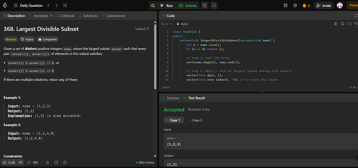 Finding the Largest Divisible Subset: A Deep Dive in C++ 🧩 | by Aswathi P | Apr, 2025 | Medium