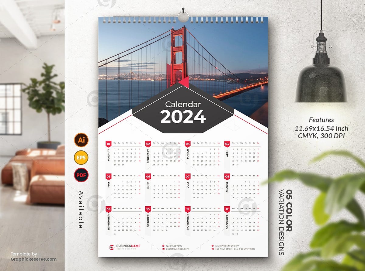 One-Page Wall Calendar 2024 Template Design - Heropik - Medium