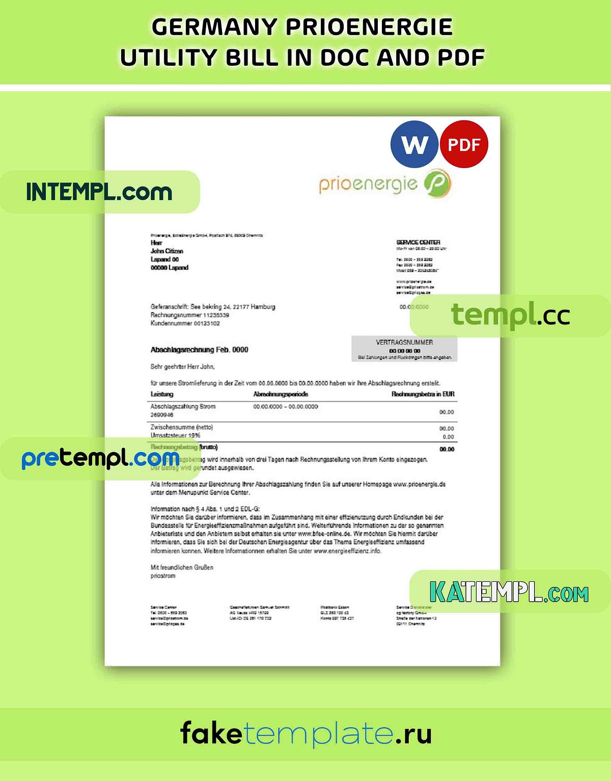 Germany Prioenergie proof of address utility bill template in Word and ...