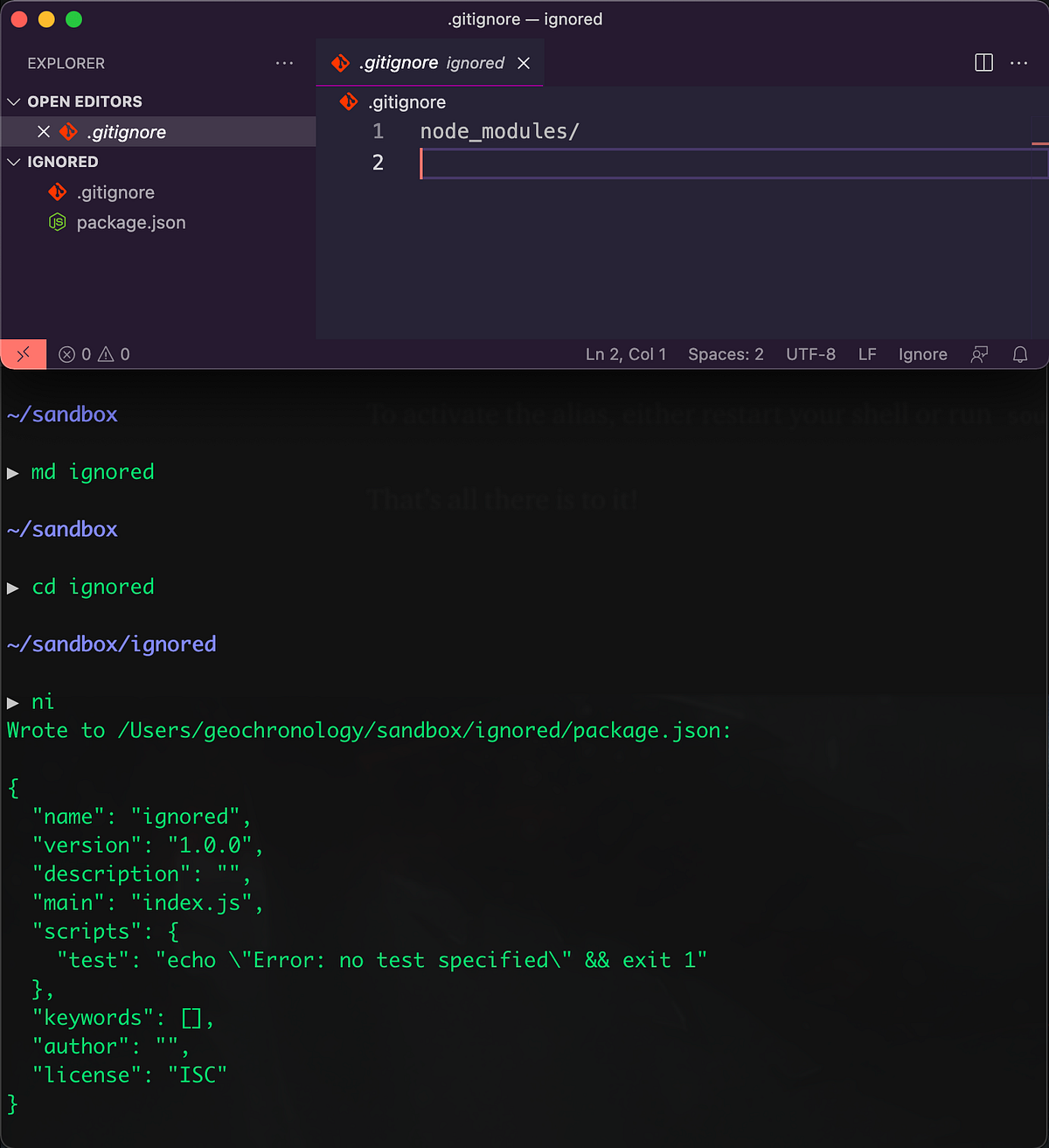 Automatically add ‘node_modules’ to .gitignore with`npm init -y ...