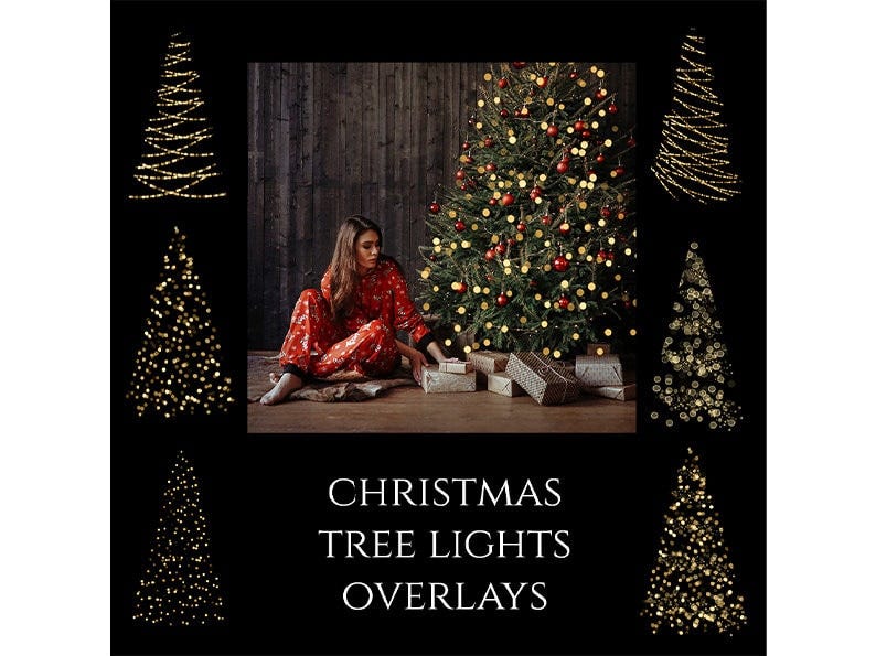 Christmas Tree Lights Overlays for Photoshop, PNGs, Gold Bokeh, PS Textures, Fairy Lights ...