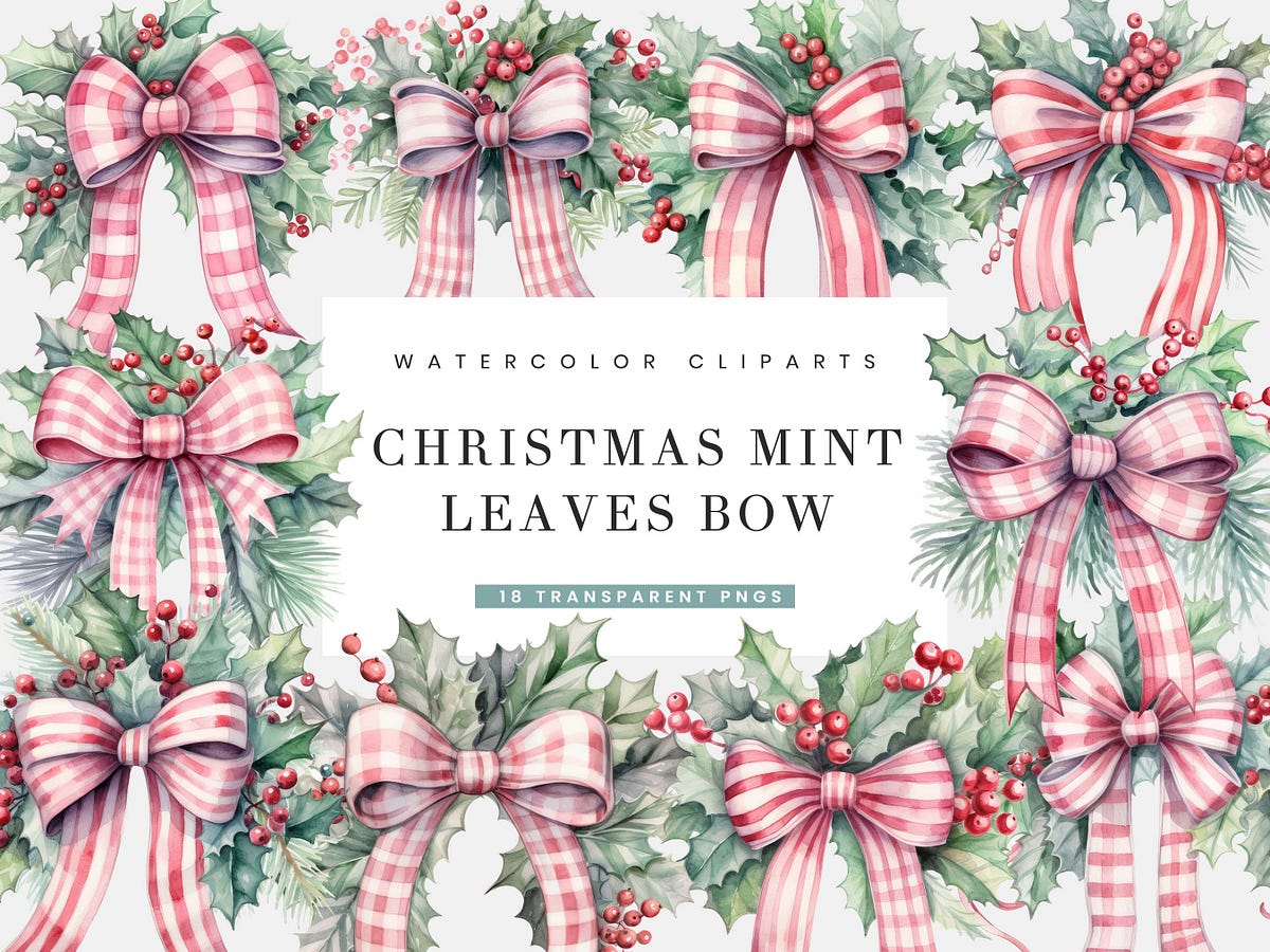 18 Watercolor Christmas Mint Leaves Bow Clipart Bundle Printable Art ...
