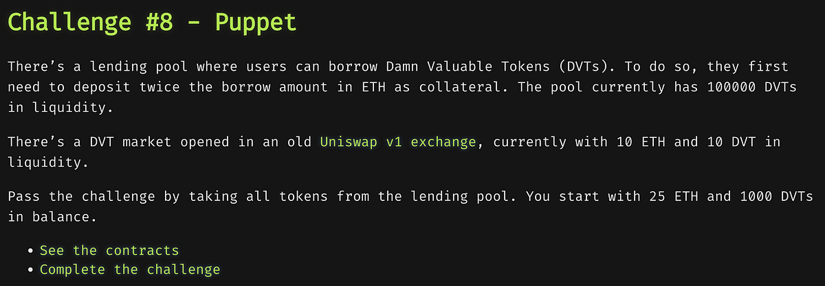 Damn Vulnerable DeFi V3 Challenge 8 Solution: Puppet Complete Walkthrough | by Johnny Time | Medium