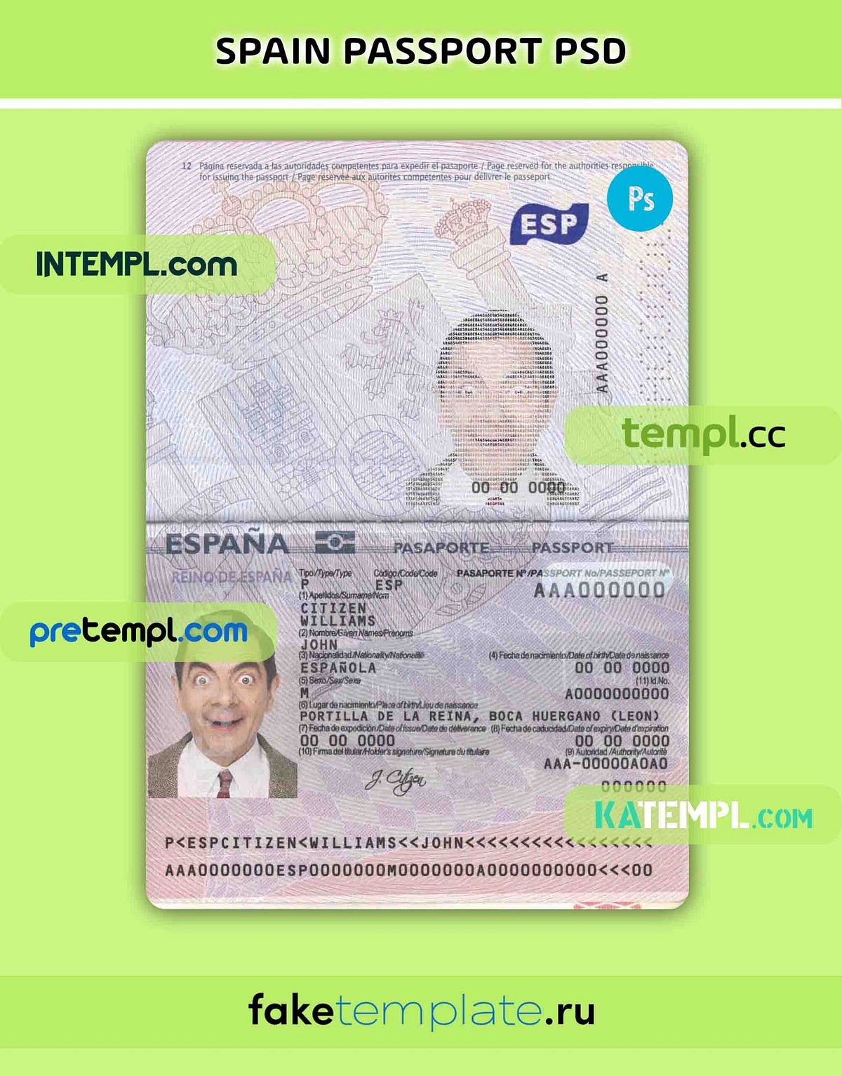 Spain passport PSD download template 2015 - Intempl Pass - Medium